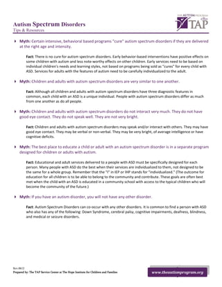TAP Tip Sheet - Autism Myths and Facts | PDF
