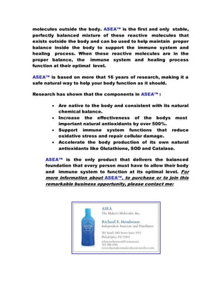 ASEA: "Molecular Miracle in a Bottle?" | DOC | Chemistry | Science