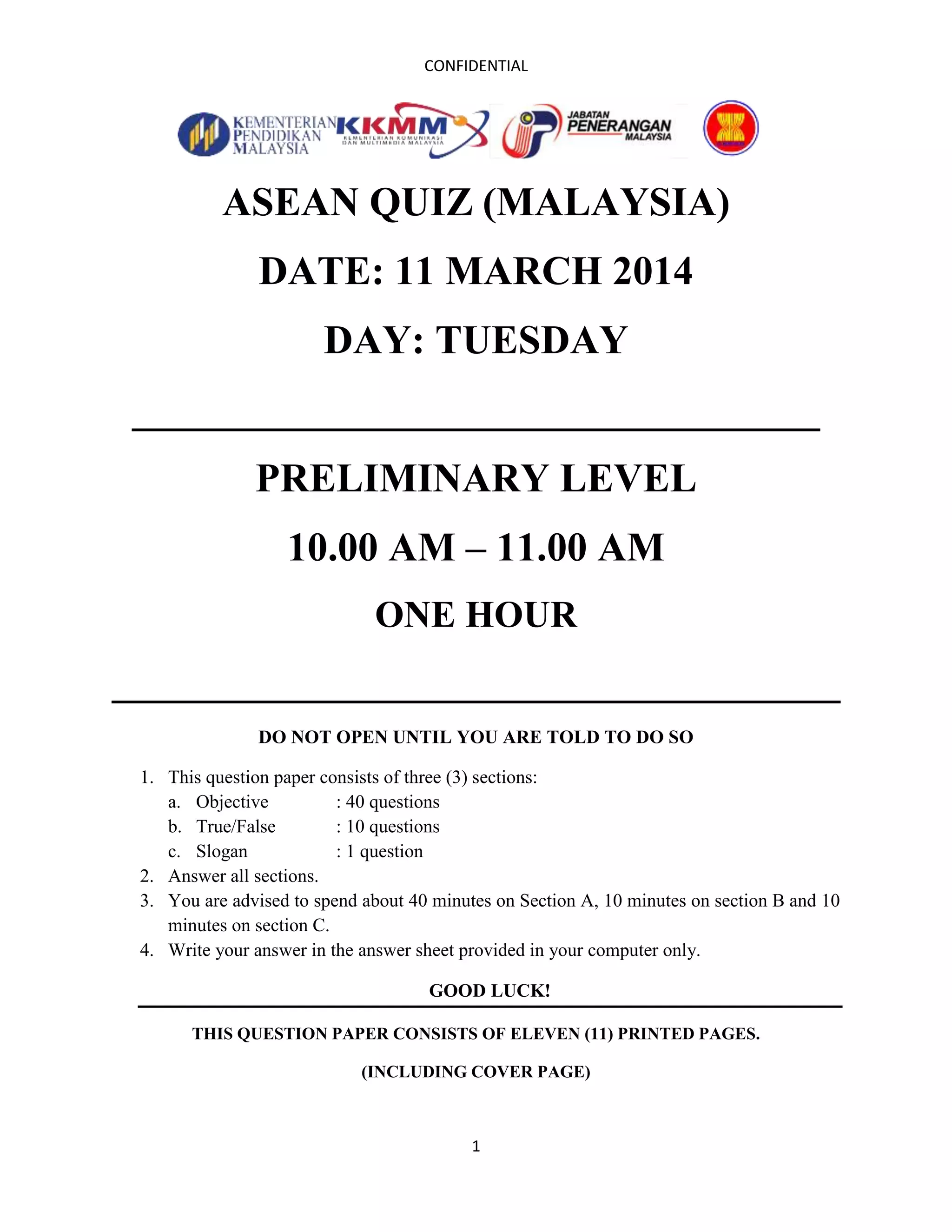 Asean quiz question preliminary 2014 | PDF