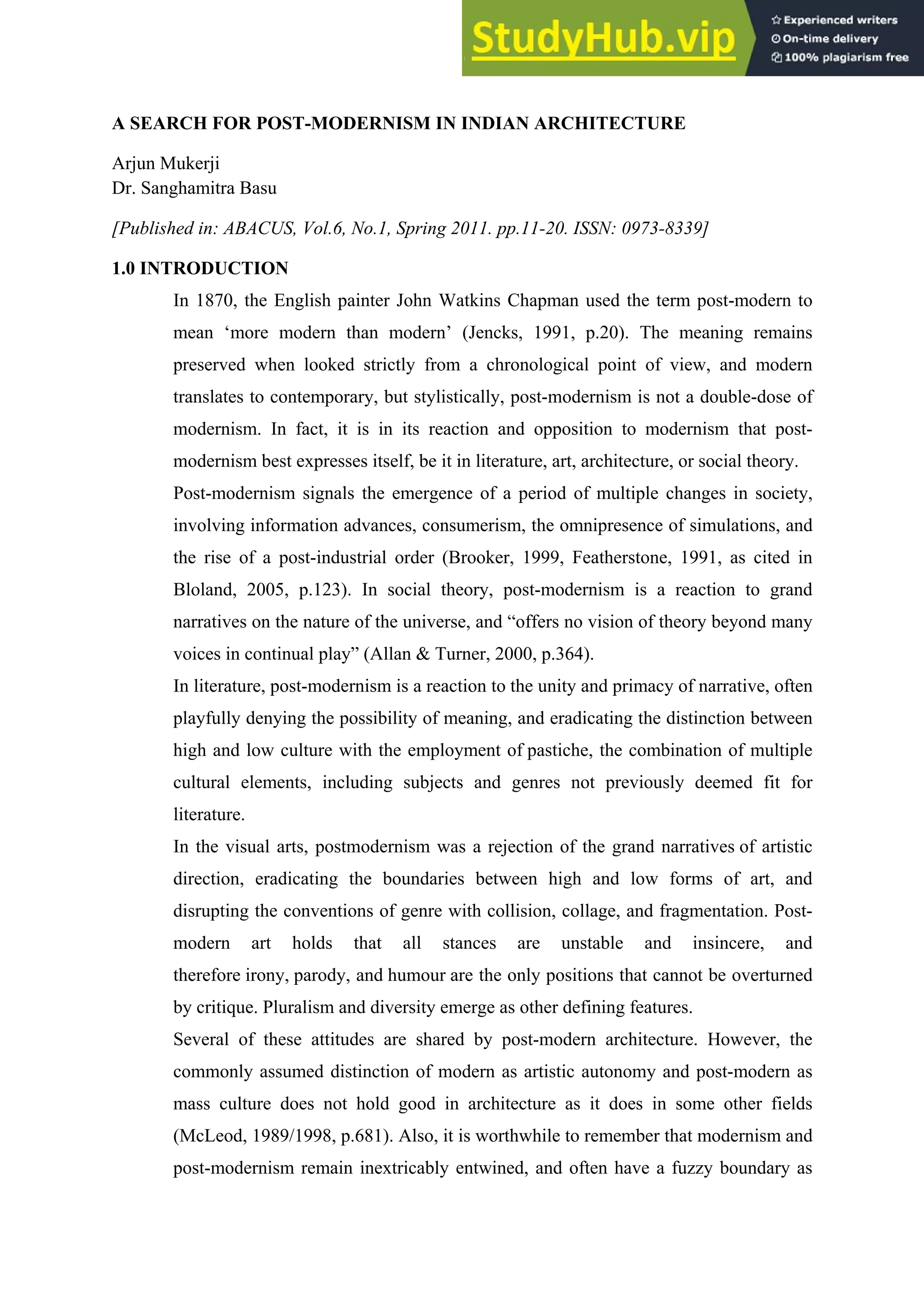 A Search For Post-Modernism In Indian Architecture | PDF