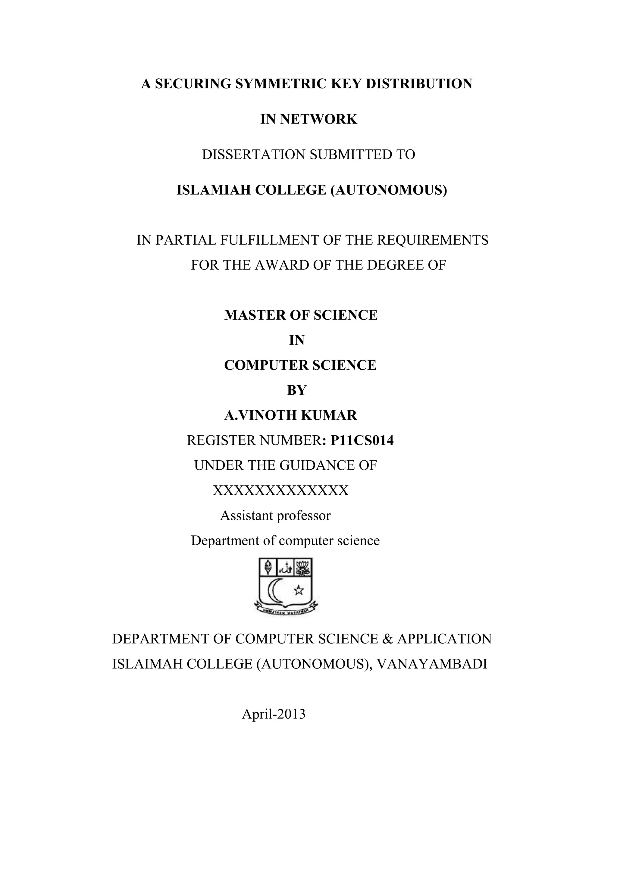 A securing symmetric key distribution | DOC | Information and Network Security | Computing