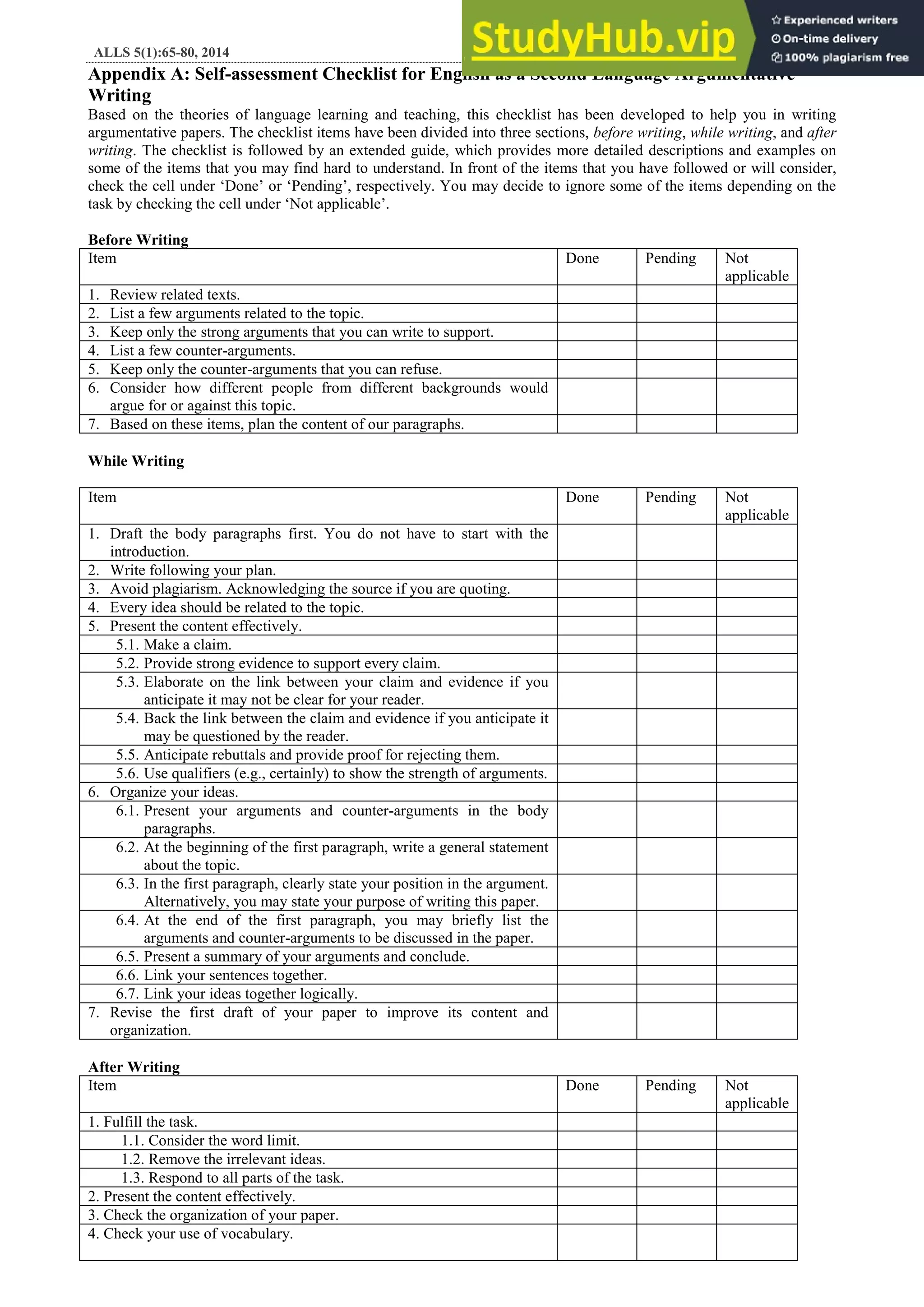 A Self-Assessment Checklist For Undergraduate Students Argumentative Writing | PDF