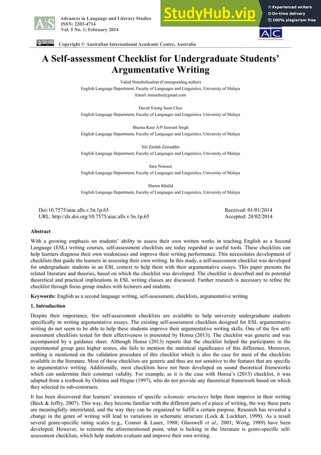 A Self-Assessment Checklist For Undergraduate Students Argumentative ...