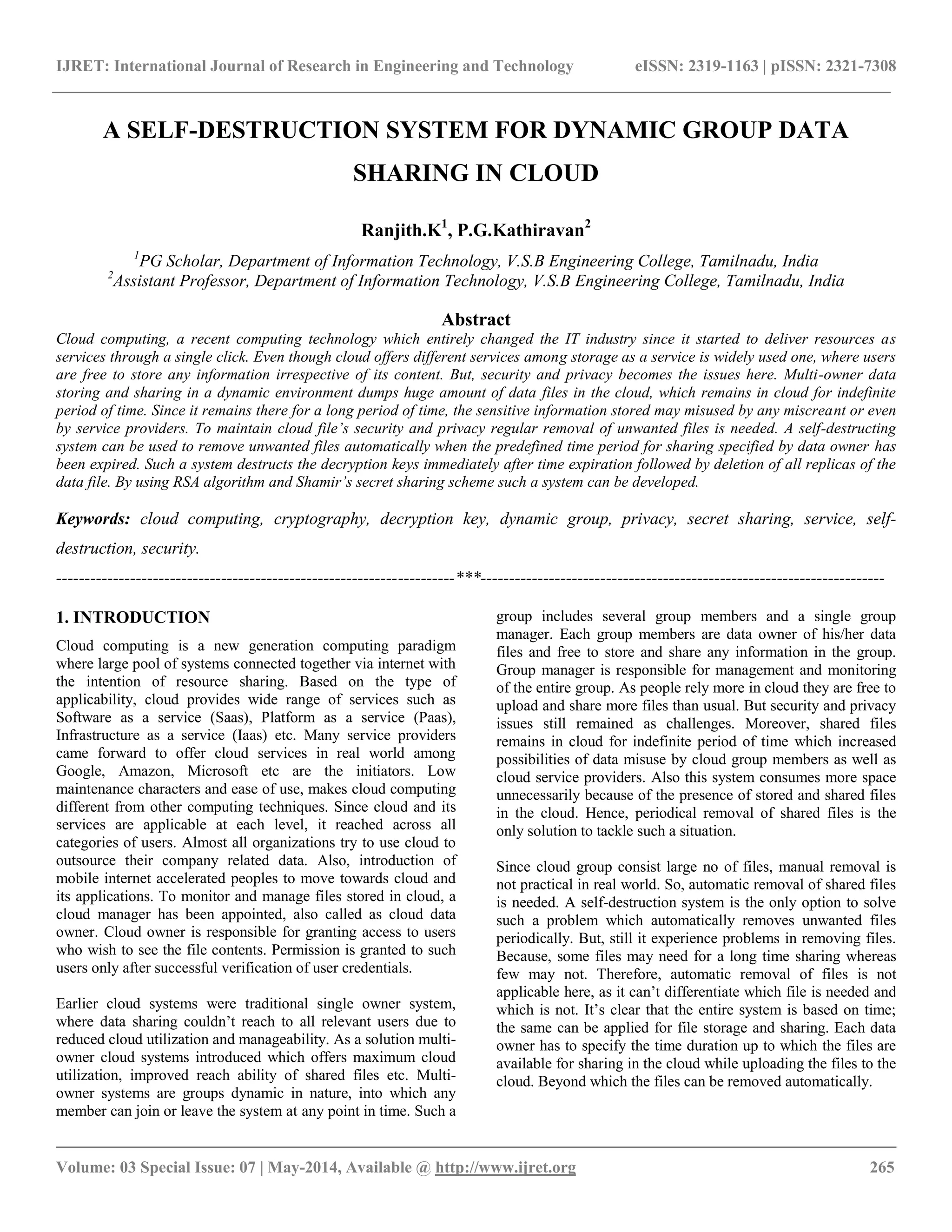 A self destruction system for dynamic group data sharing in cloud | PDF