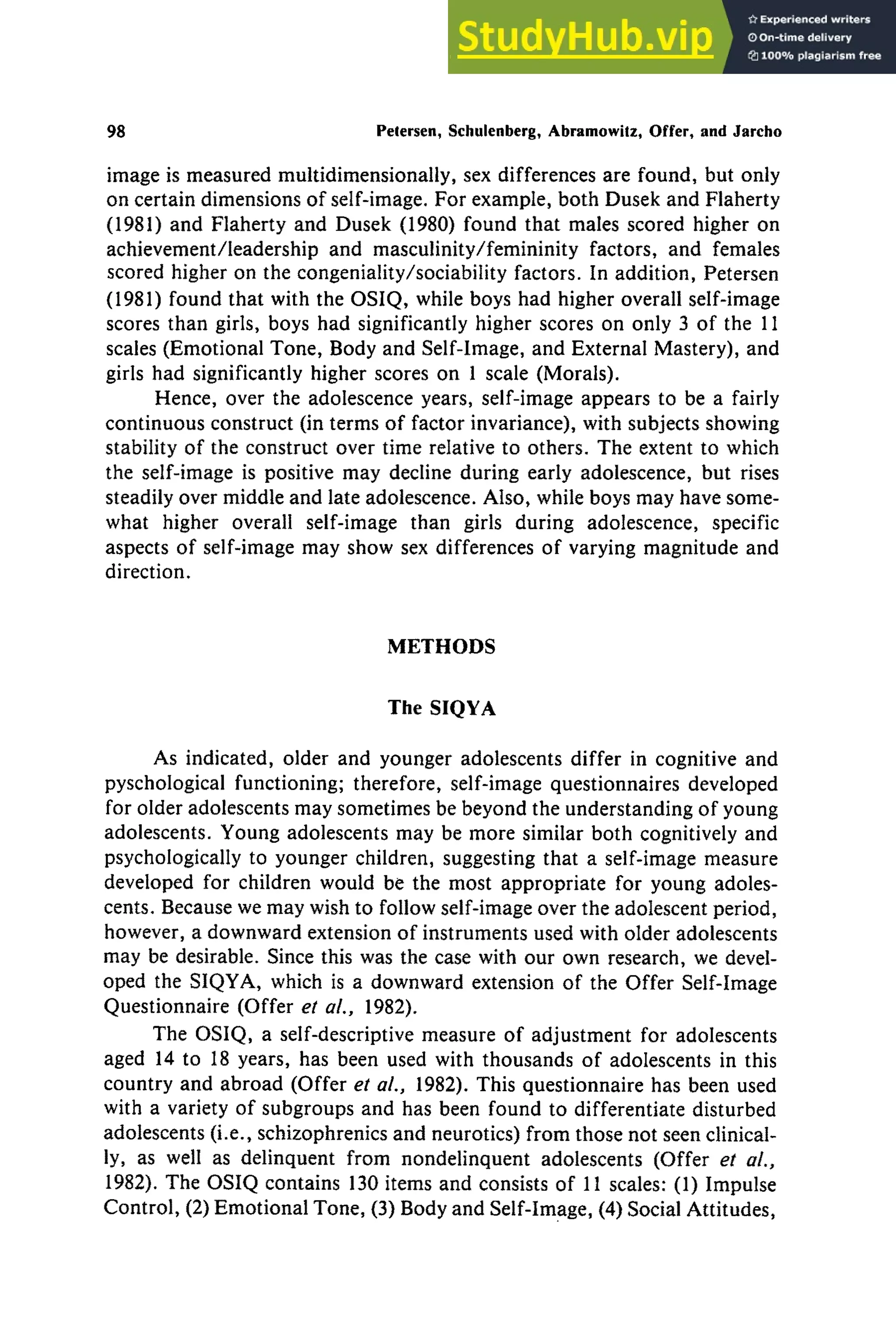 A Self-Image Questionnaire For Young Adolescents (SIQYA) Reliability ...