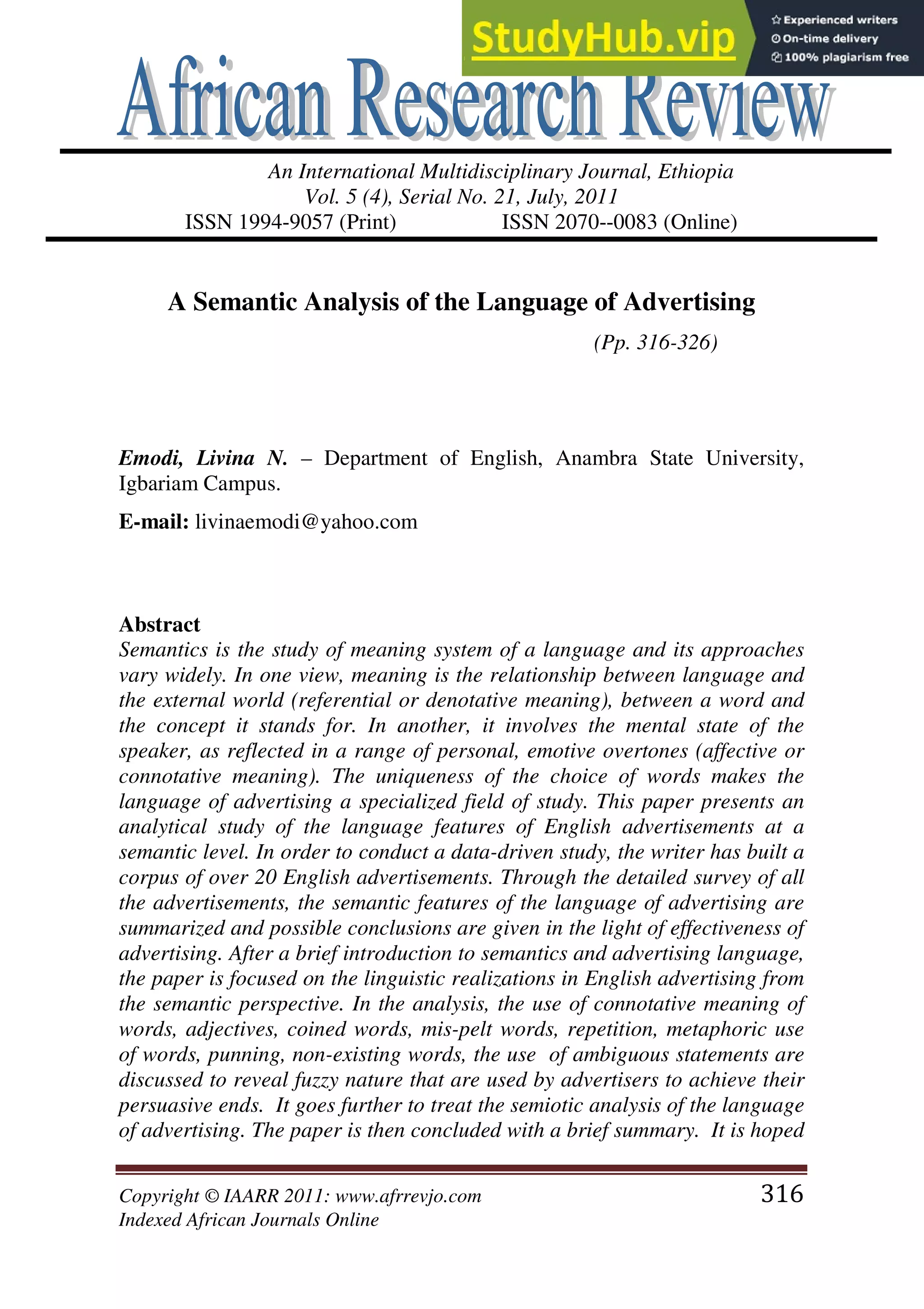 A Semantic Analysis Of The Language Of Advertising | PDF