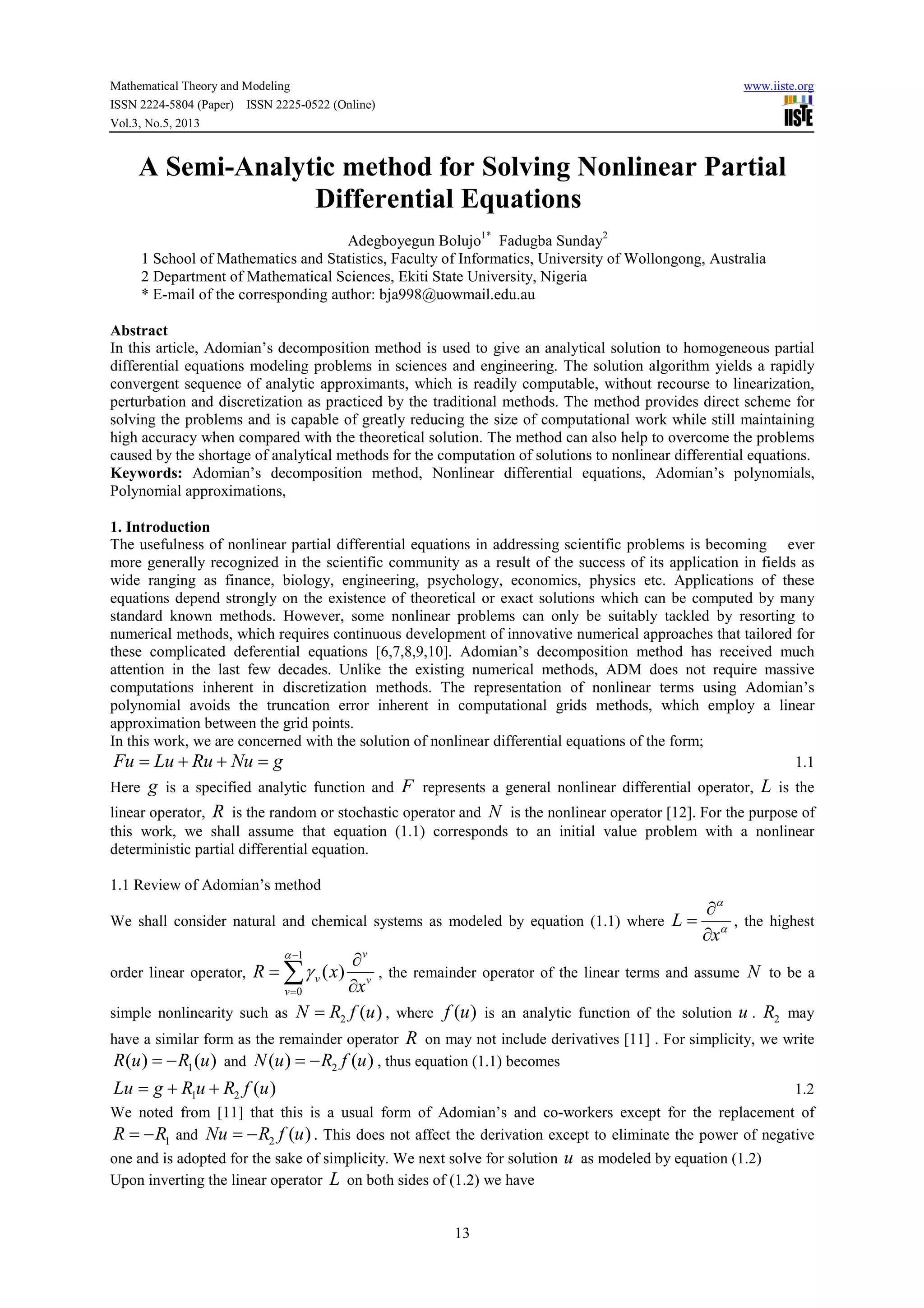 A Semi Analytic Method For Solving Nonlinear Partial Differential