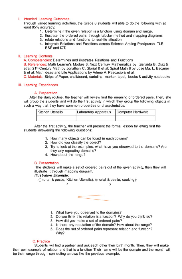 A Semi-detailed Lesson Plan in Domain and Range with Annotation | DOCX
