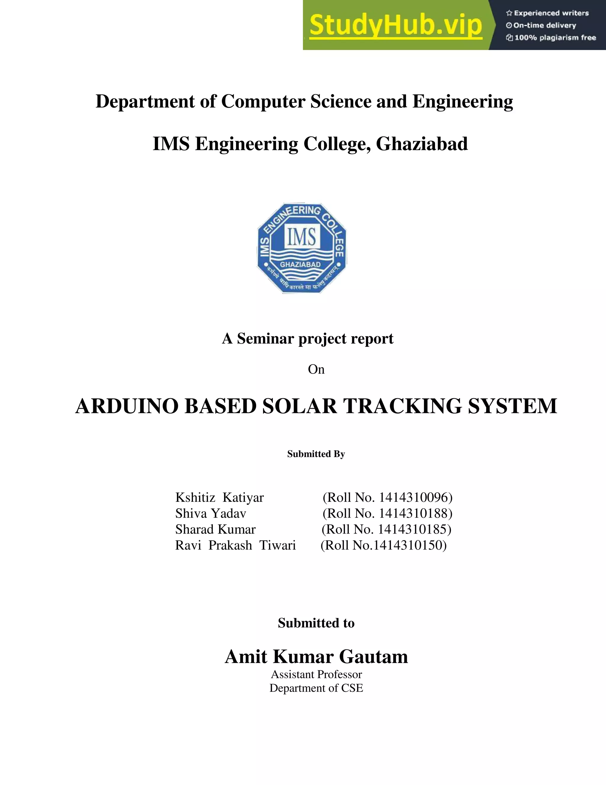 A Seminar Project Report ARDUINO BASED SOLAR TRACKING SYSTEM | PDF