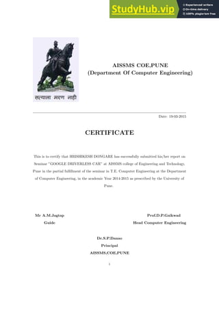 A SEMINAR REPORT ON GOOGLE DRIVERLESS CAR | PDF
