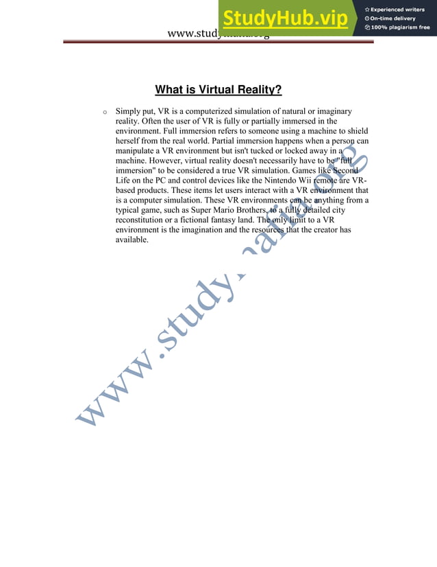 A Seminar Report On Virtual Reality | PDF