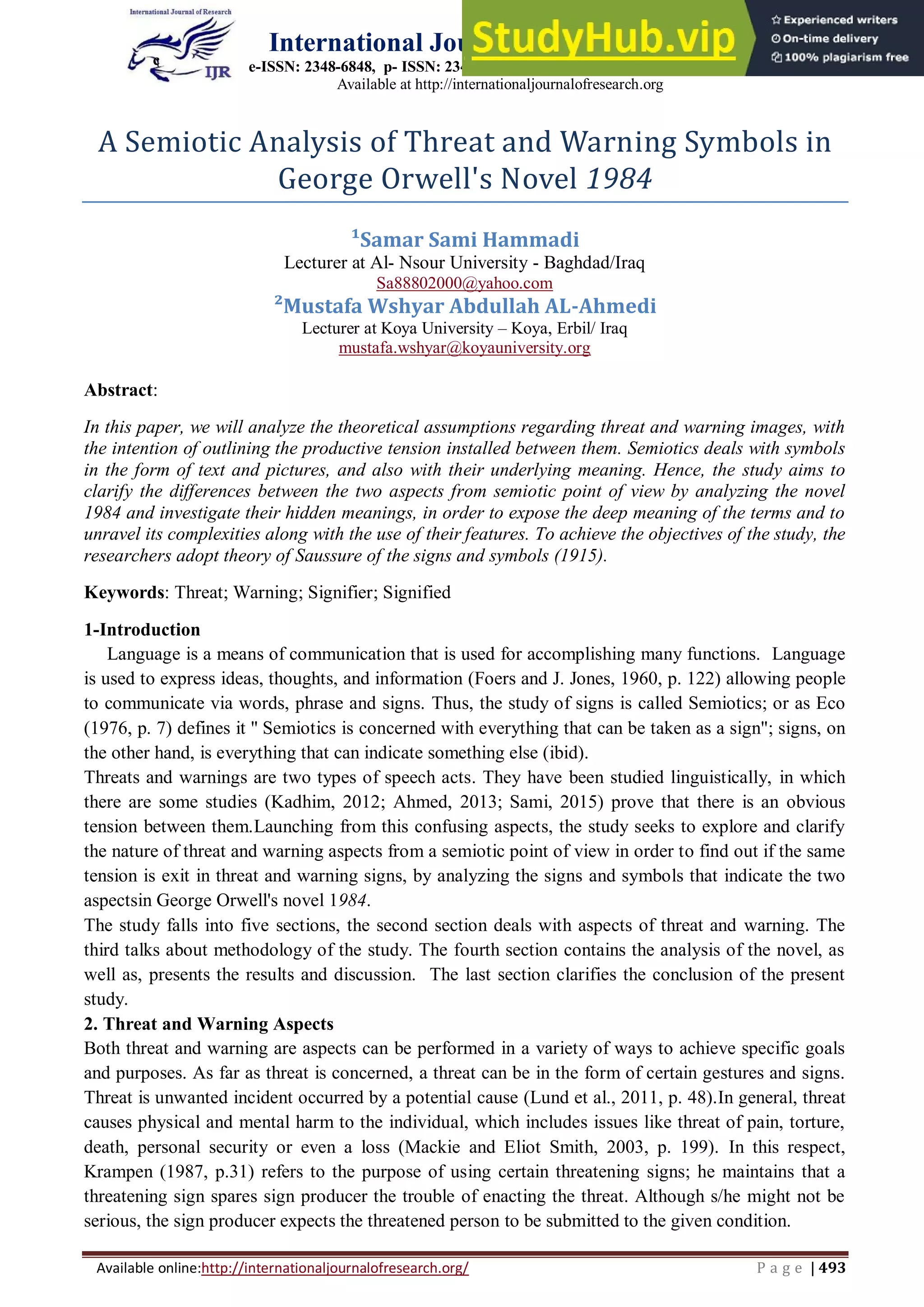 A Semiotic Analysis Of Threat And Warning Symbols In George Orwell S ...