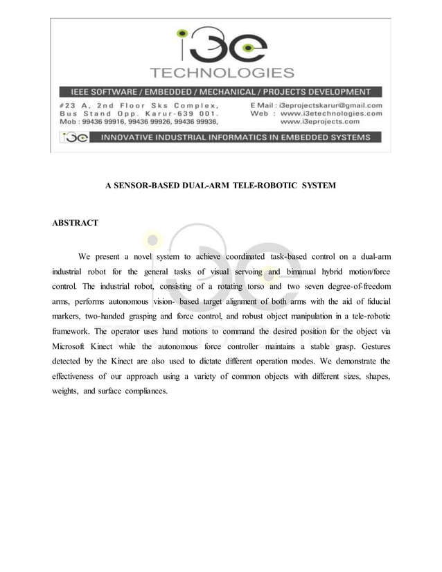 A sensor based dual-arm tele-robotic system | DOCX | Robotics | Technology & Computing