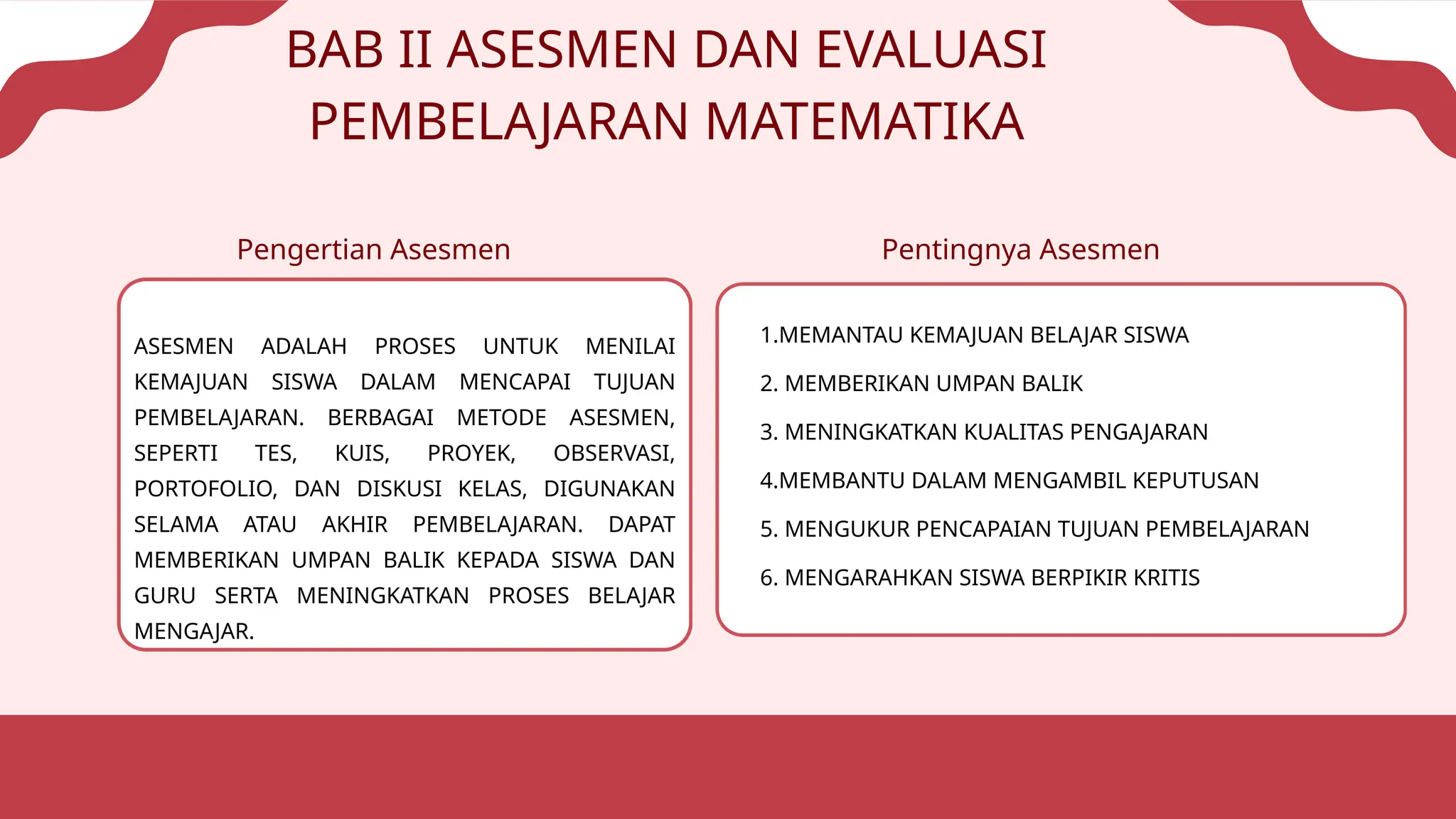 asesmen, evaluasi pembelajaran matematika dan jenis-jenis asesmen1.pptx