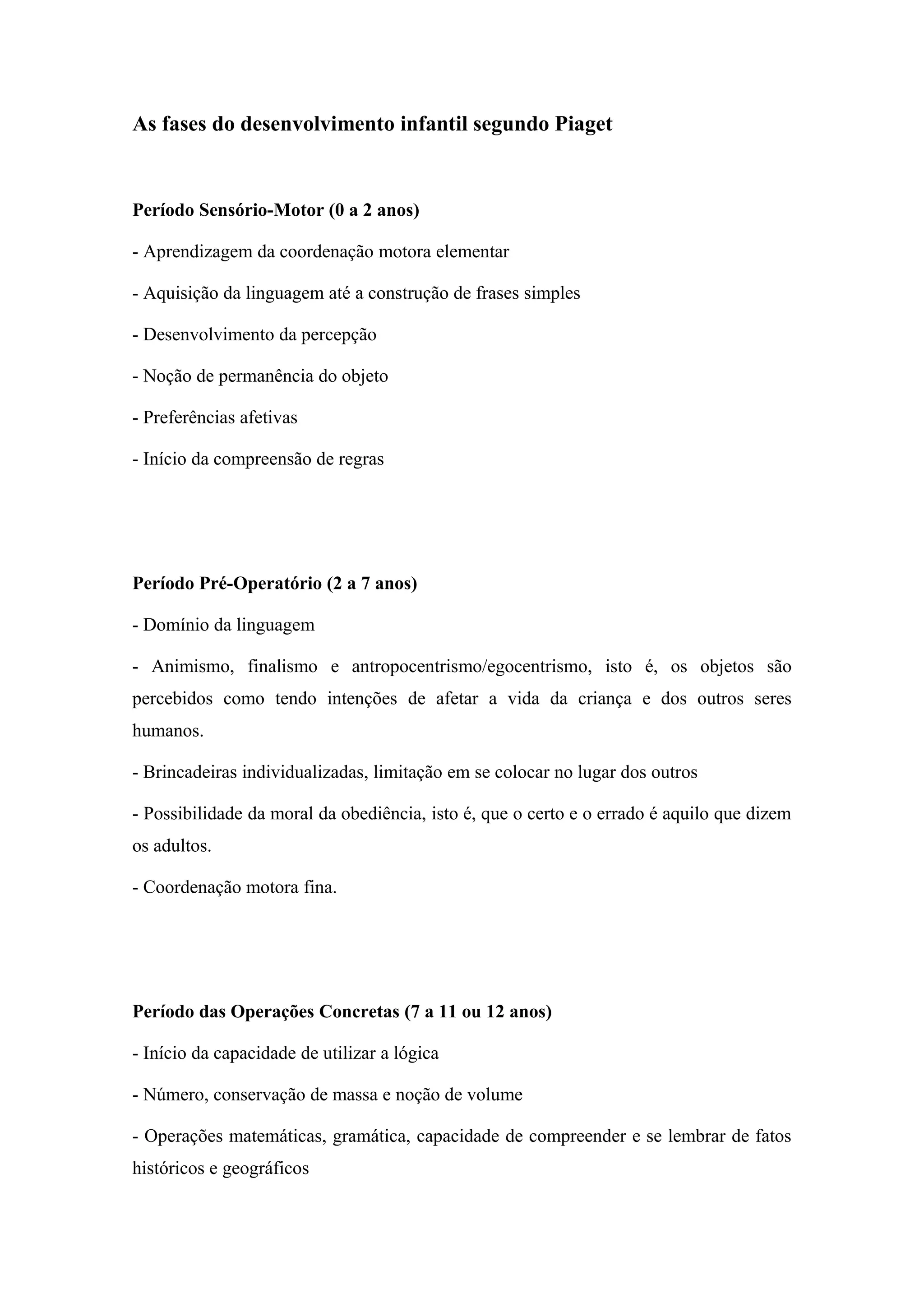 As fases do desenvolvimento infantil segundo piaget | DOC