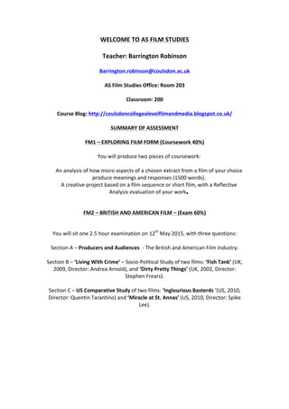 AS Film Studies Course Handbook 2014-15 | PDF | Homework and Study ...