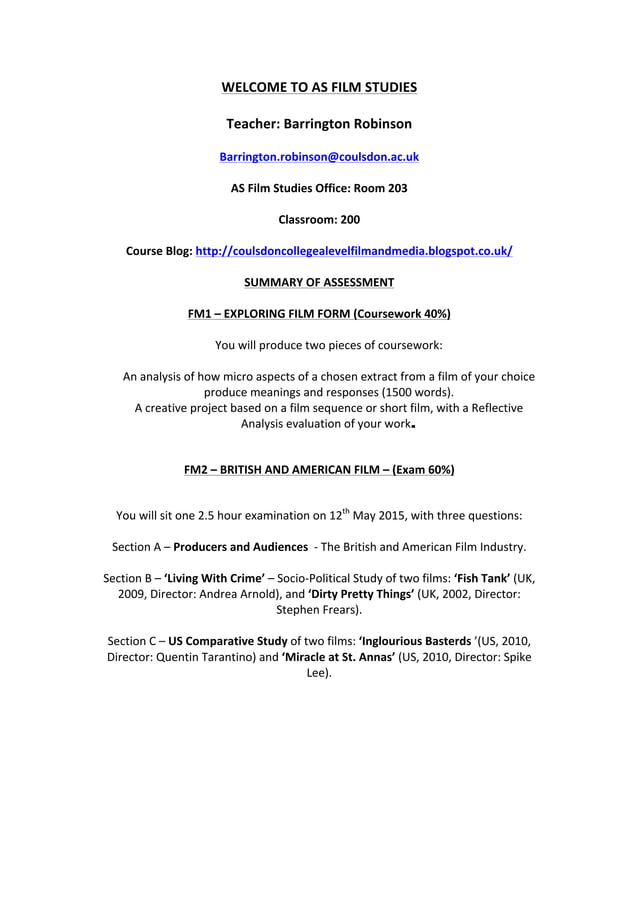 AS Film Studies Course Handbook 2014-15 | PDF | Homework and Study ...