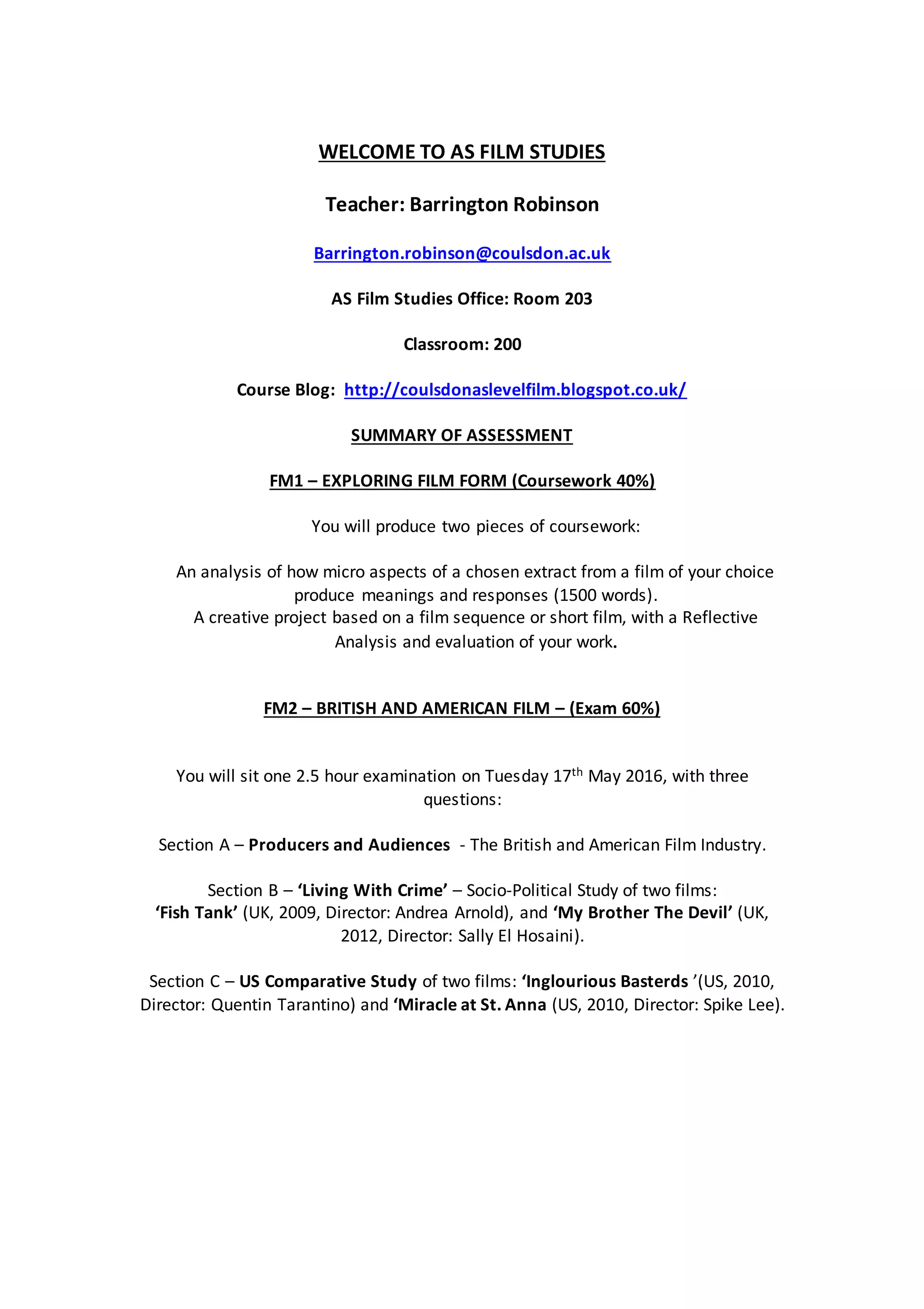 AS Film Studies course handbook 2015-16 | DOCX | Video Production ...