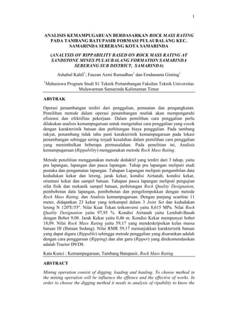 Analisis kemampugaruan berdasarkan rock mass rating pada tambang batupasir formasi pulaubalang ...