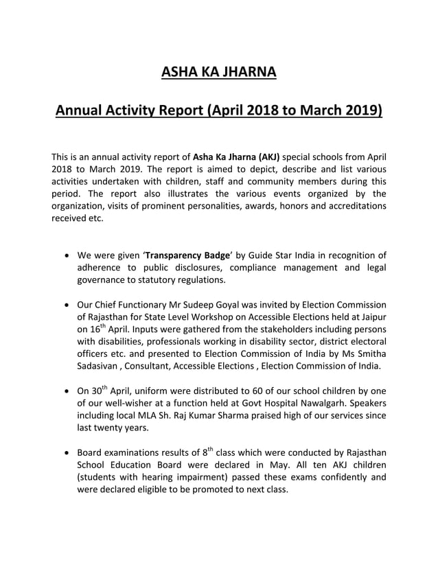 Asha Ka Jharna Annual Aactivity Report 2018 - 19 | PDF