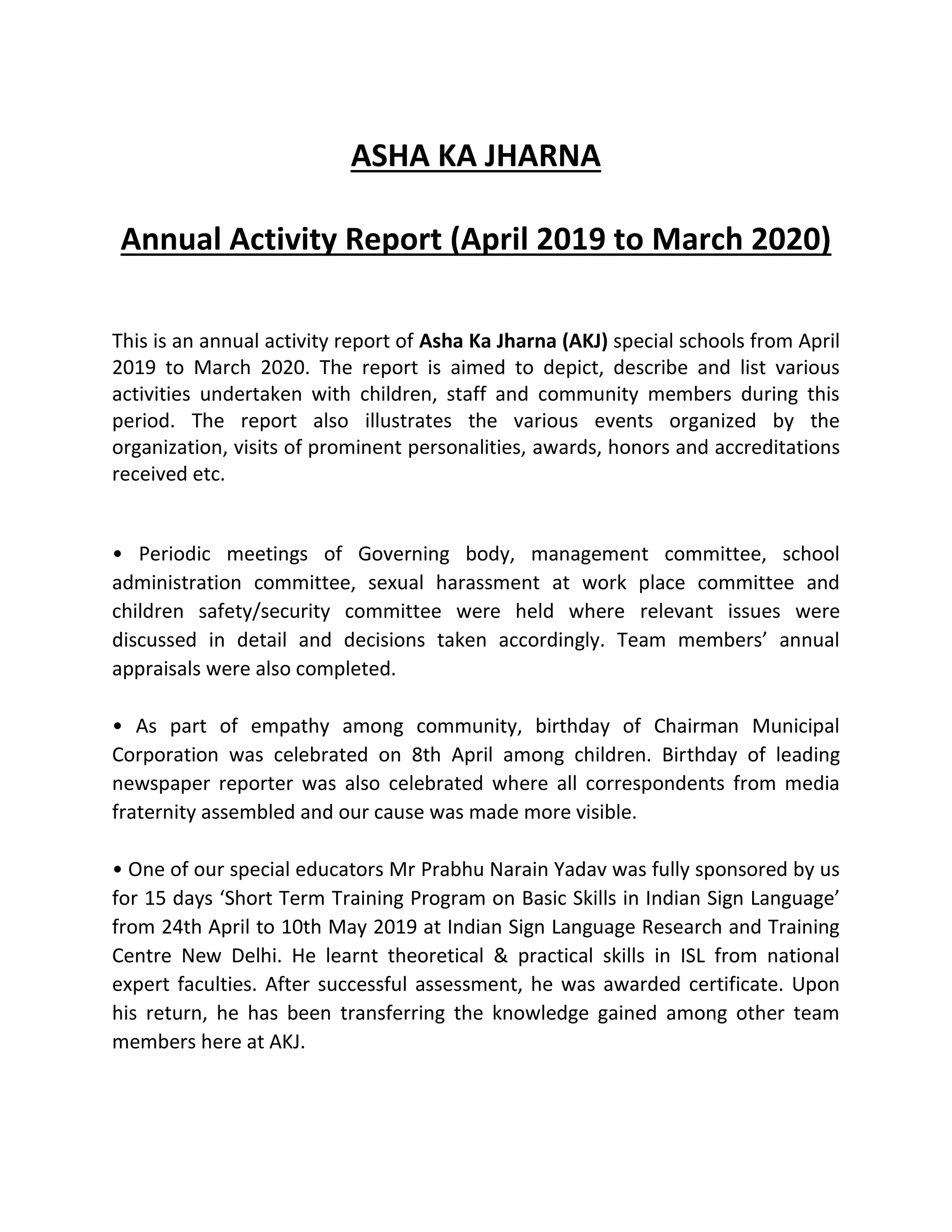 Asha ka jharna annual activity report 2019 20 | PDF