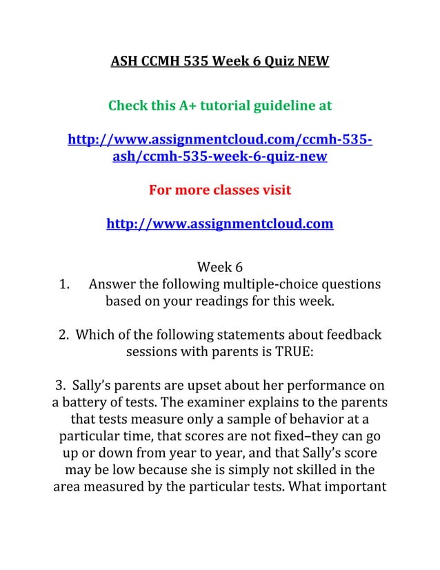 Ash ccmh 535 week 6 quiz new | DOC | Educational Assessment | Education
