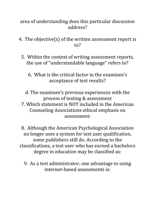 Ash ccmh 535 week 6 quiz new | DOC | Educational Assessment | Education