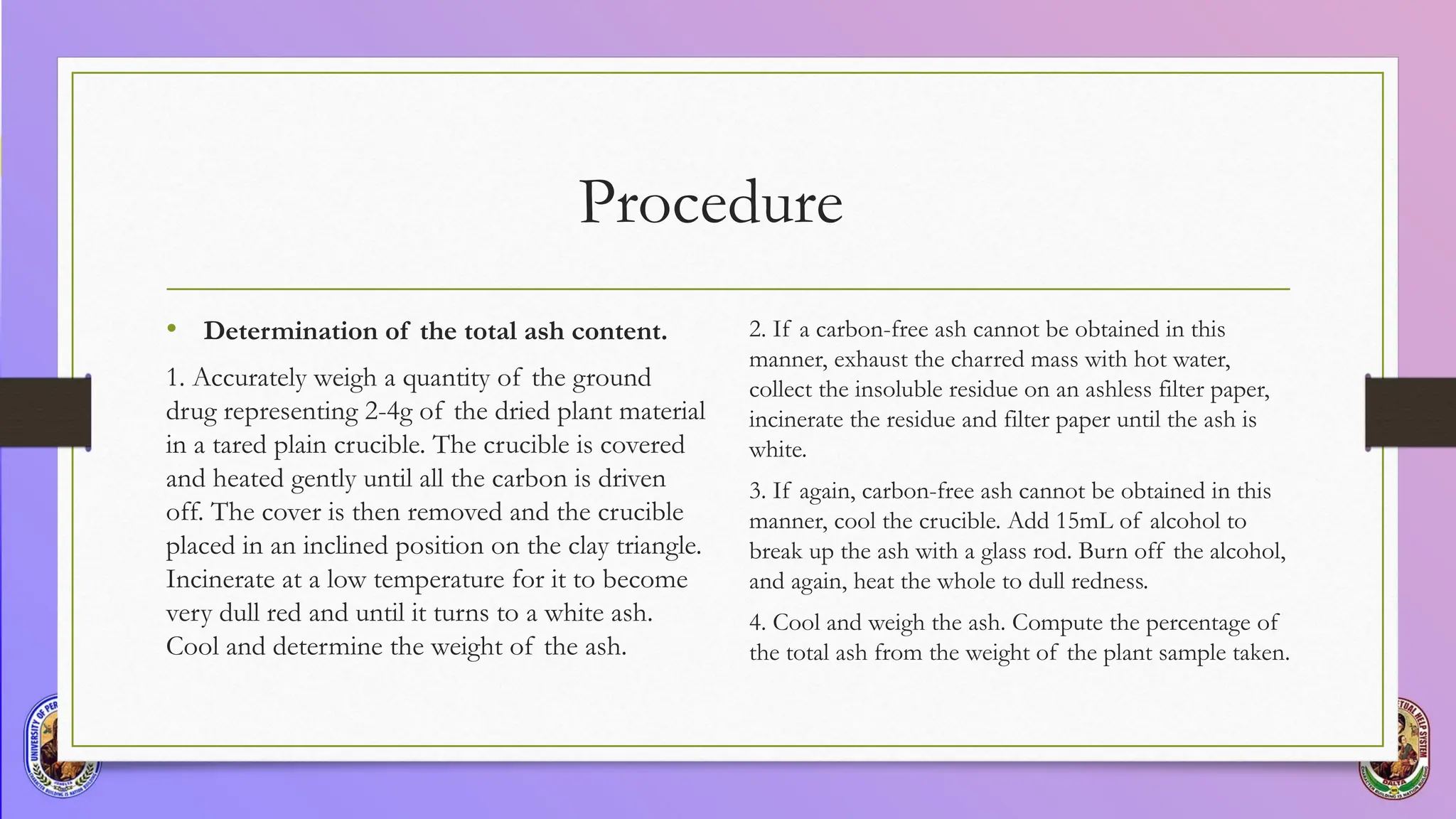 Ash content determination.pptx- materials- procedure- formula | PPTX
