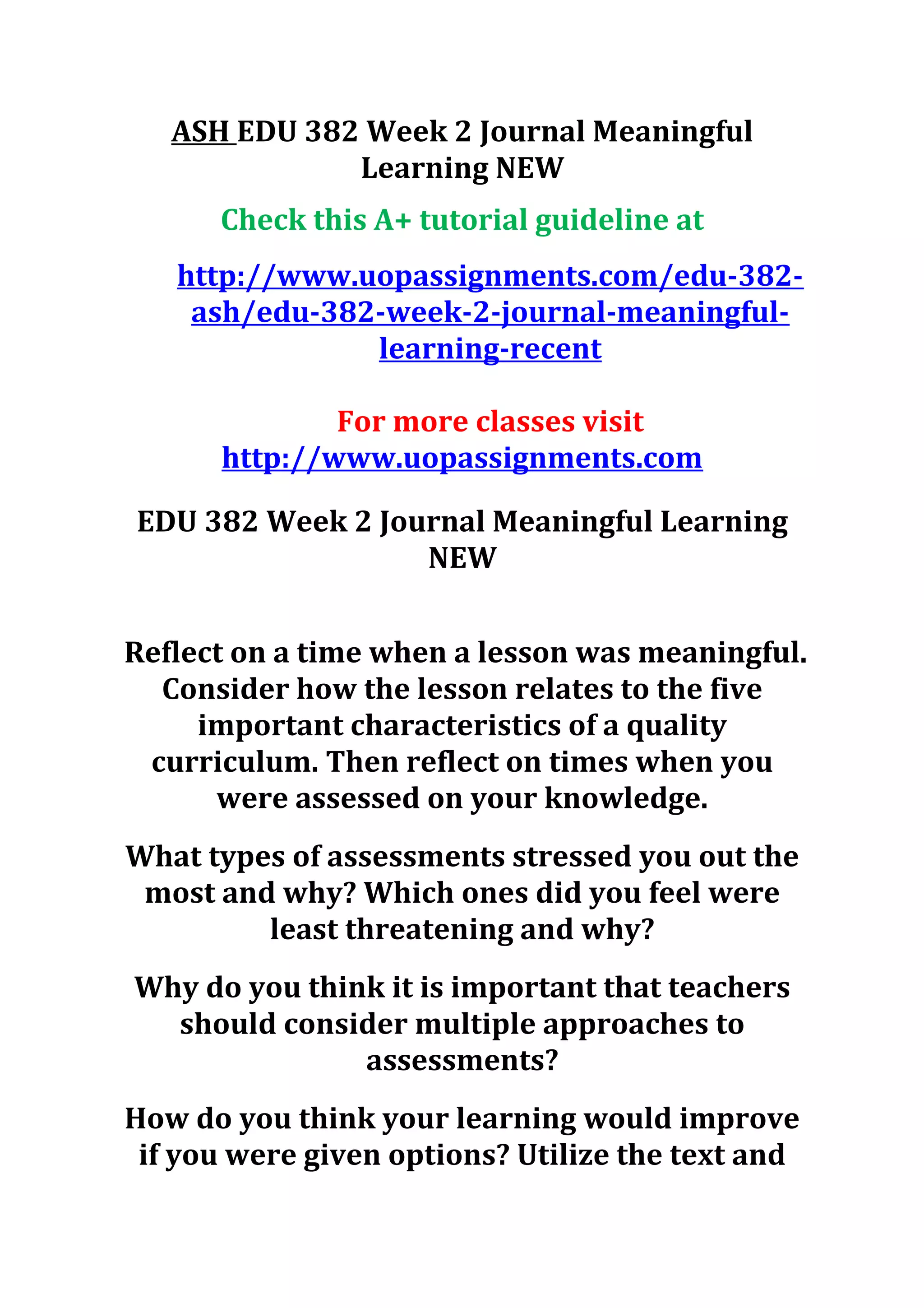 Ash edu 382 week 2 journal meaningful learning new | DOC | Educational ...