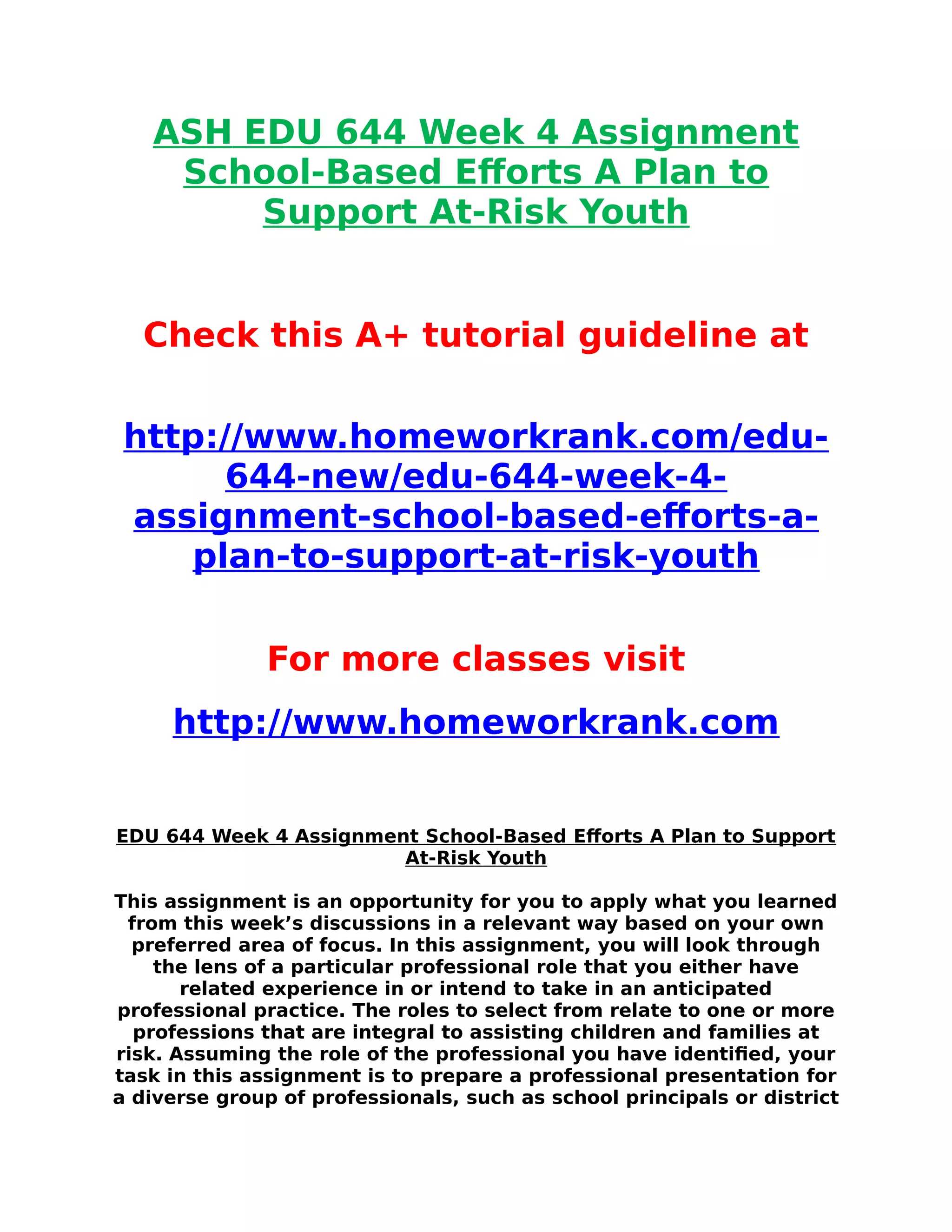 Ash edu 644 week 4 assignment school | PDF