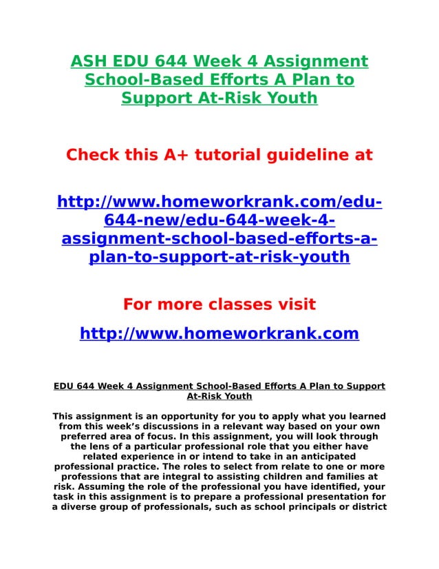 Ash edu 644 week 4 assignment school | PDF
