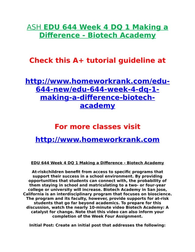Ash edu 644 week 4 dq 1 making a difference | PDF