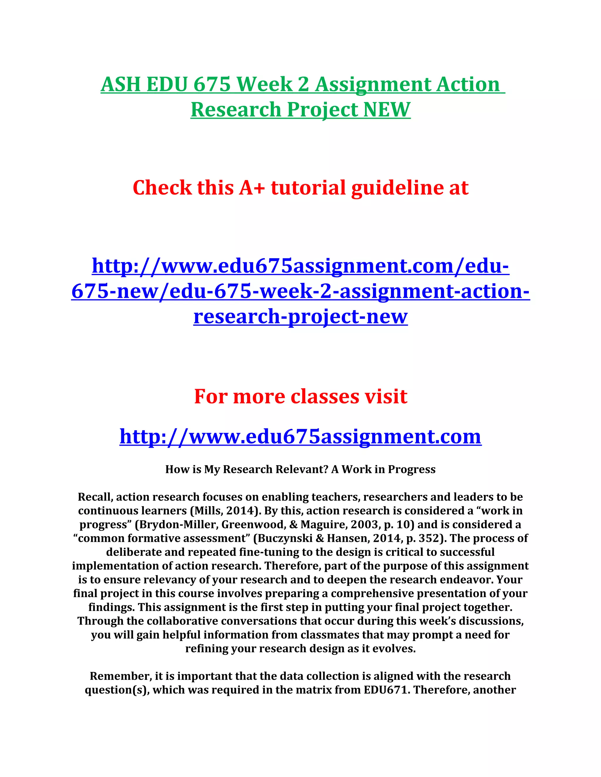Ash edu 675 week 2 assignment action research project new | DOC