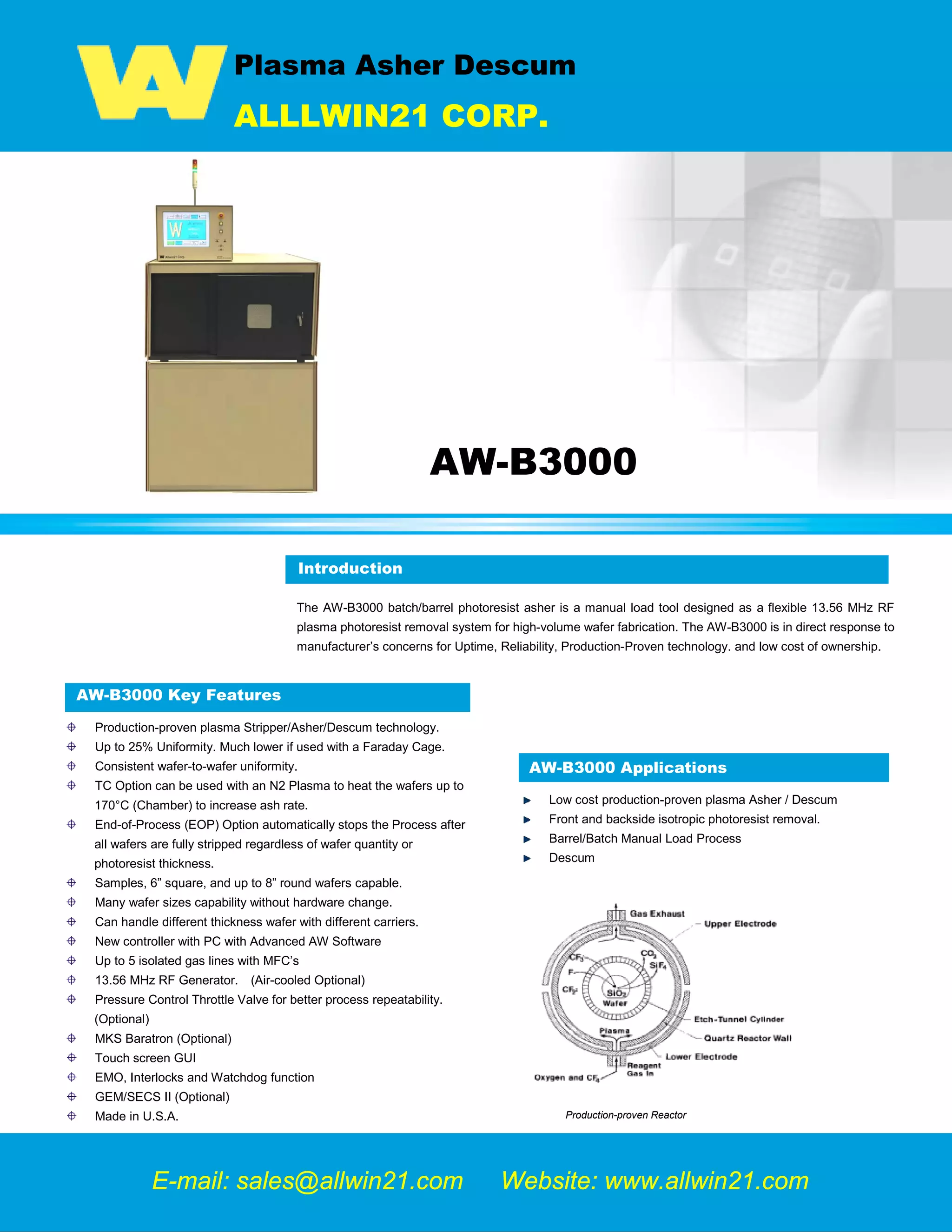 Barrel Plasma Asher Plasma Descum AW-B3000 | PDF