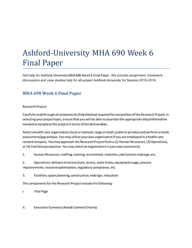 Ashford university mha 690 week 6 final paper | PDF