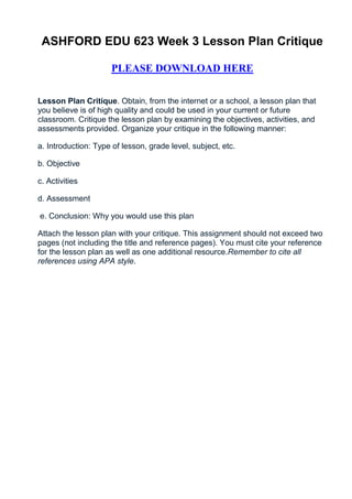 Ashford edu 623 week 3 lesson plan critique | PDF
