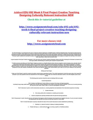 Ashford edu 692 week 6 final project creative teaching designing culturally relevant instruction ...