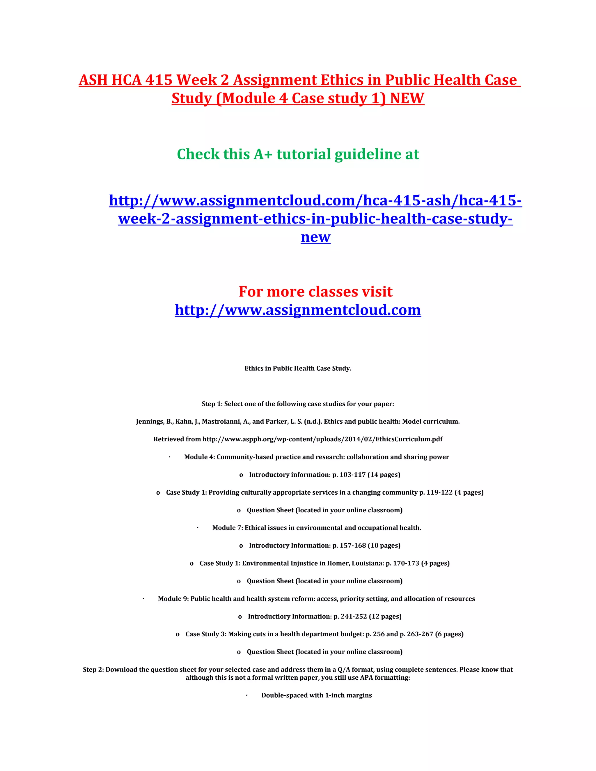 Ash hca 415 week 2 assignment ethics in public health case study1 | DOC