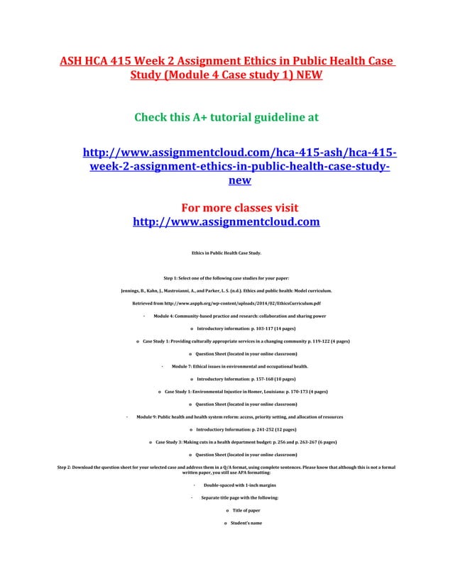 Ash hca 415 week 2 assignment ethics in public health case study ...