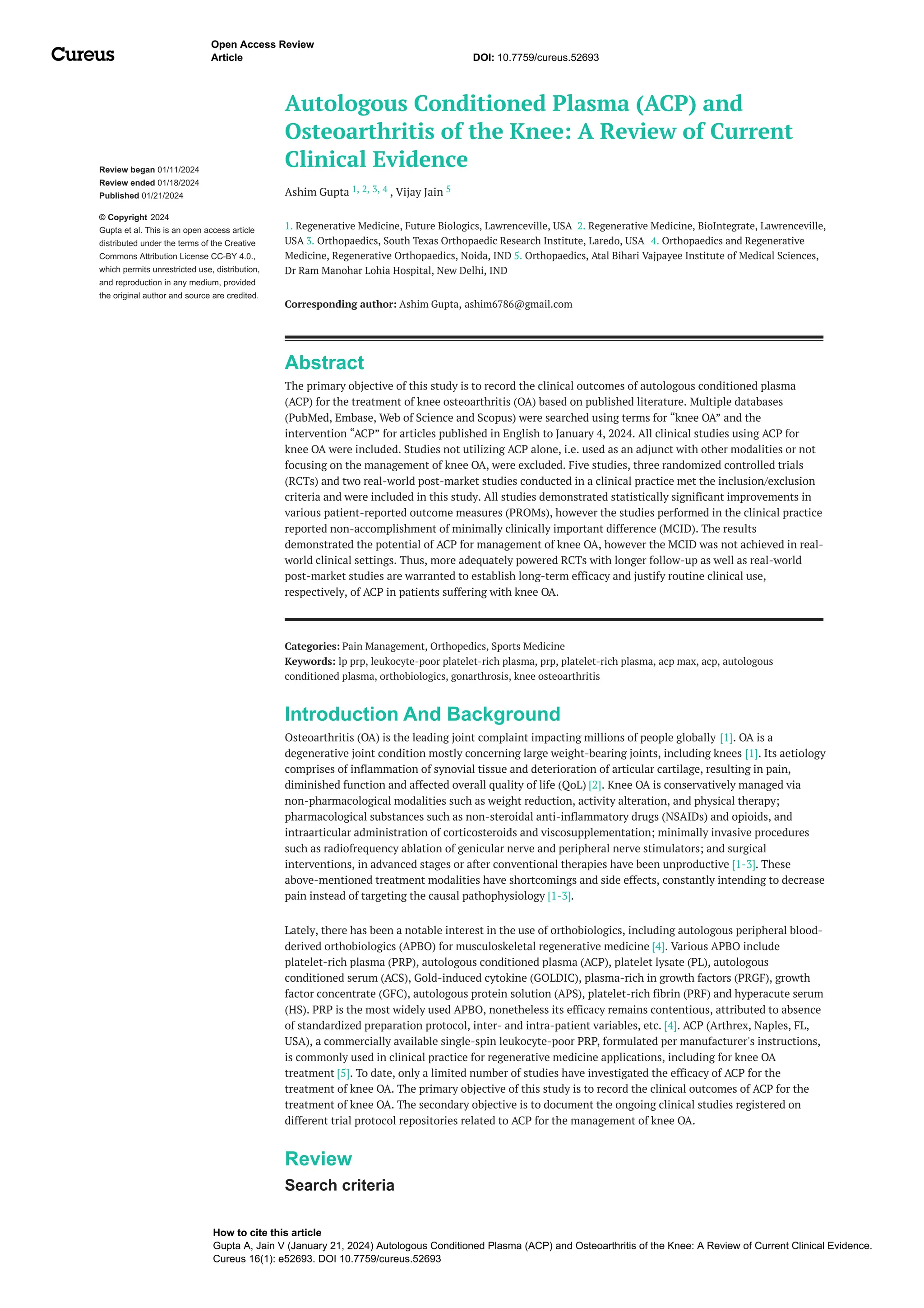 Autologous Conditioned Plasma (ACP) and Osteoarthritis of the Knee: A ...