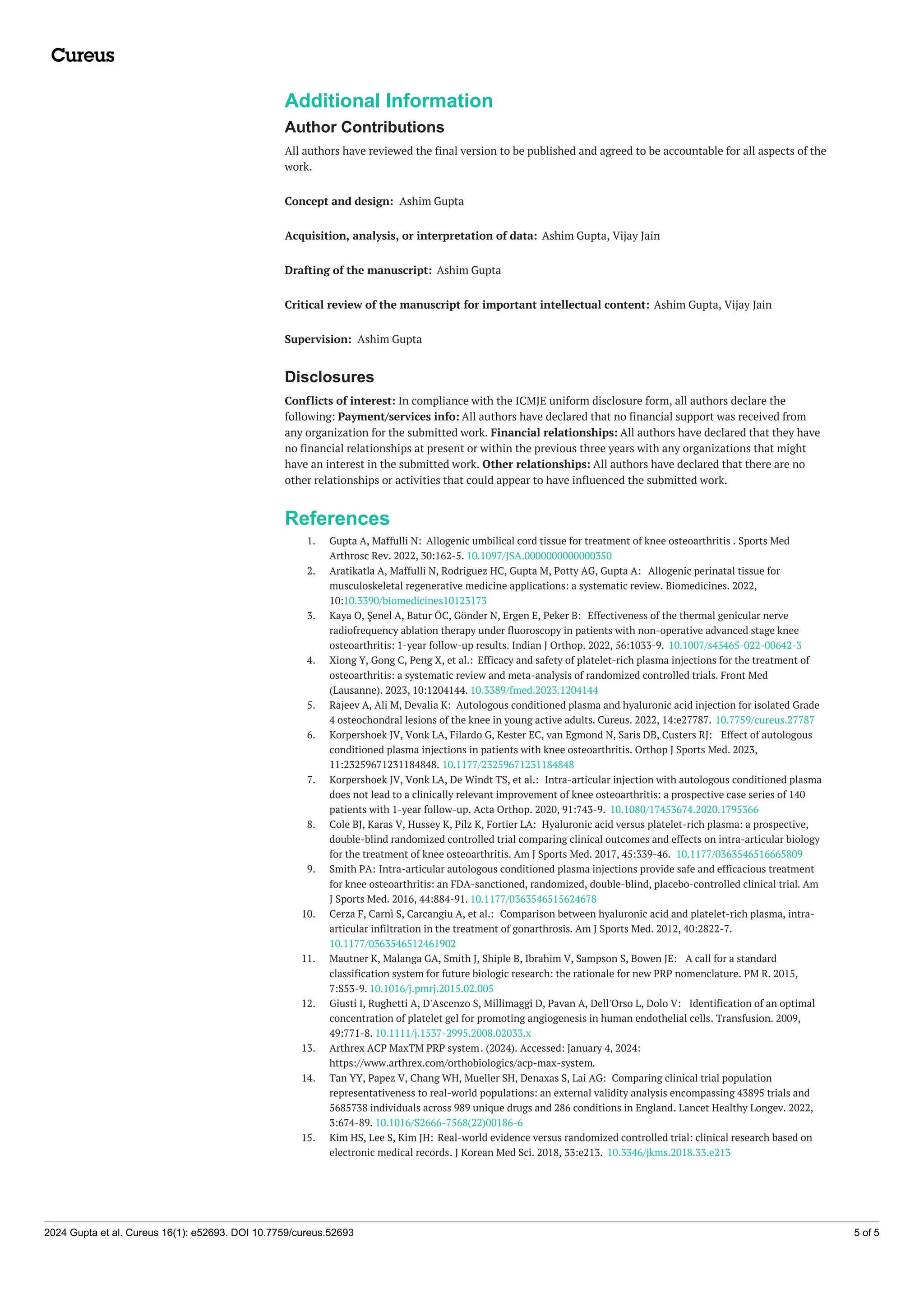 Autologous Conditioned Plasma (ACP) and Osteoarthritis of the Knee: A ...
