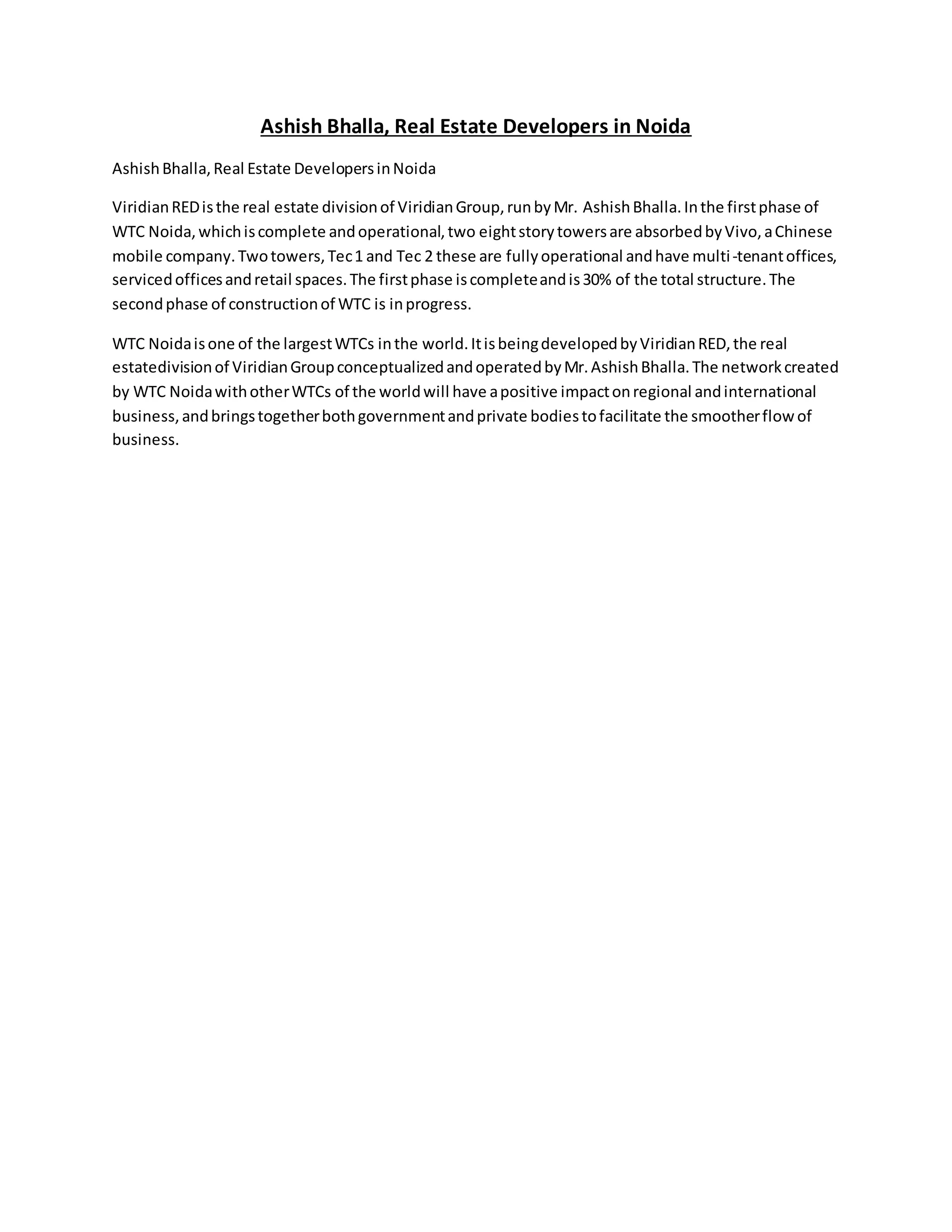 Ashish bhalla, real estate developers in noida | DOCX