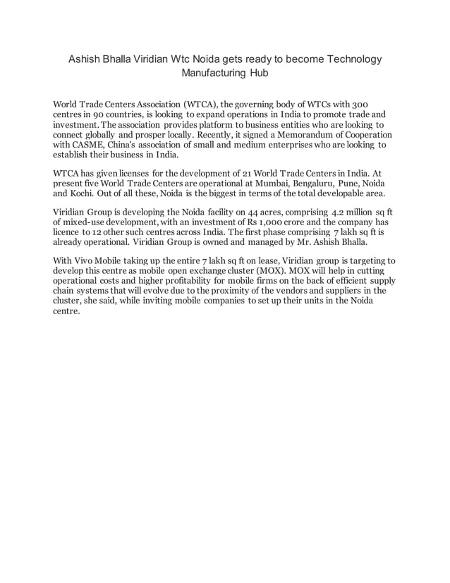 Ashish bhalla viridian wtc noida gets ready to become technology ...