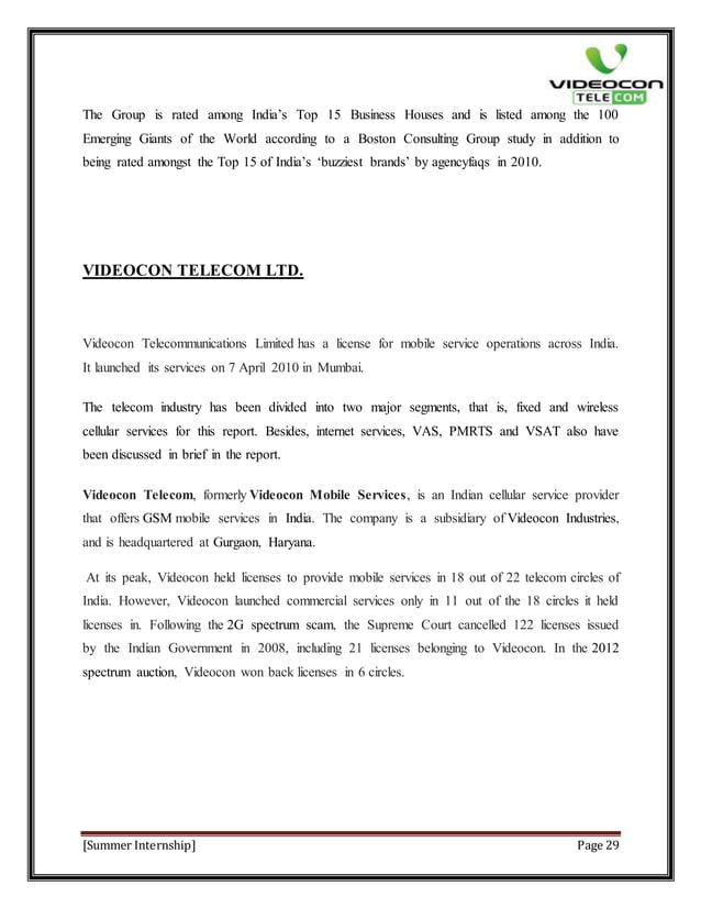 videocon Telecom Project Report | PDF