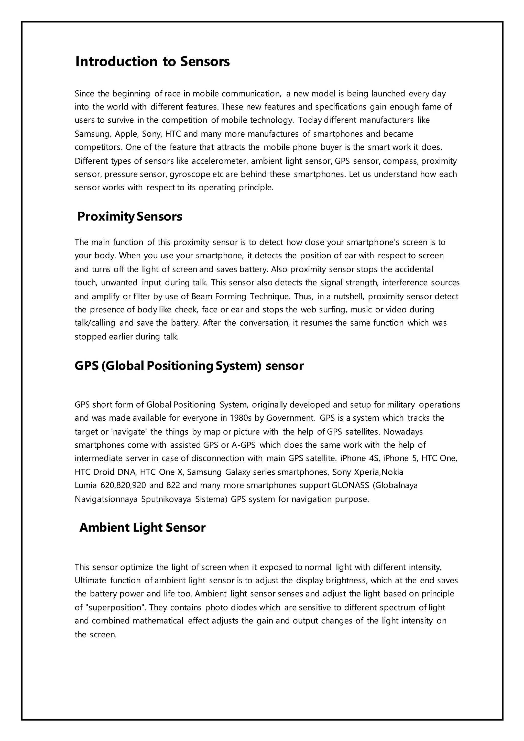 Mobile Sensors and Types | DOCX