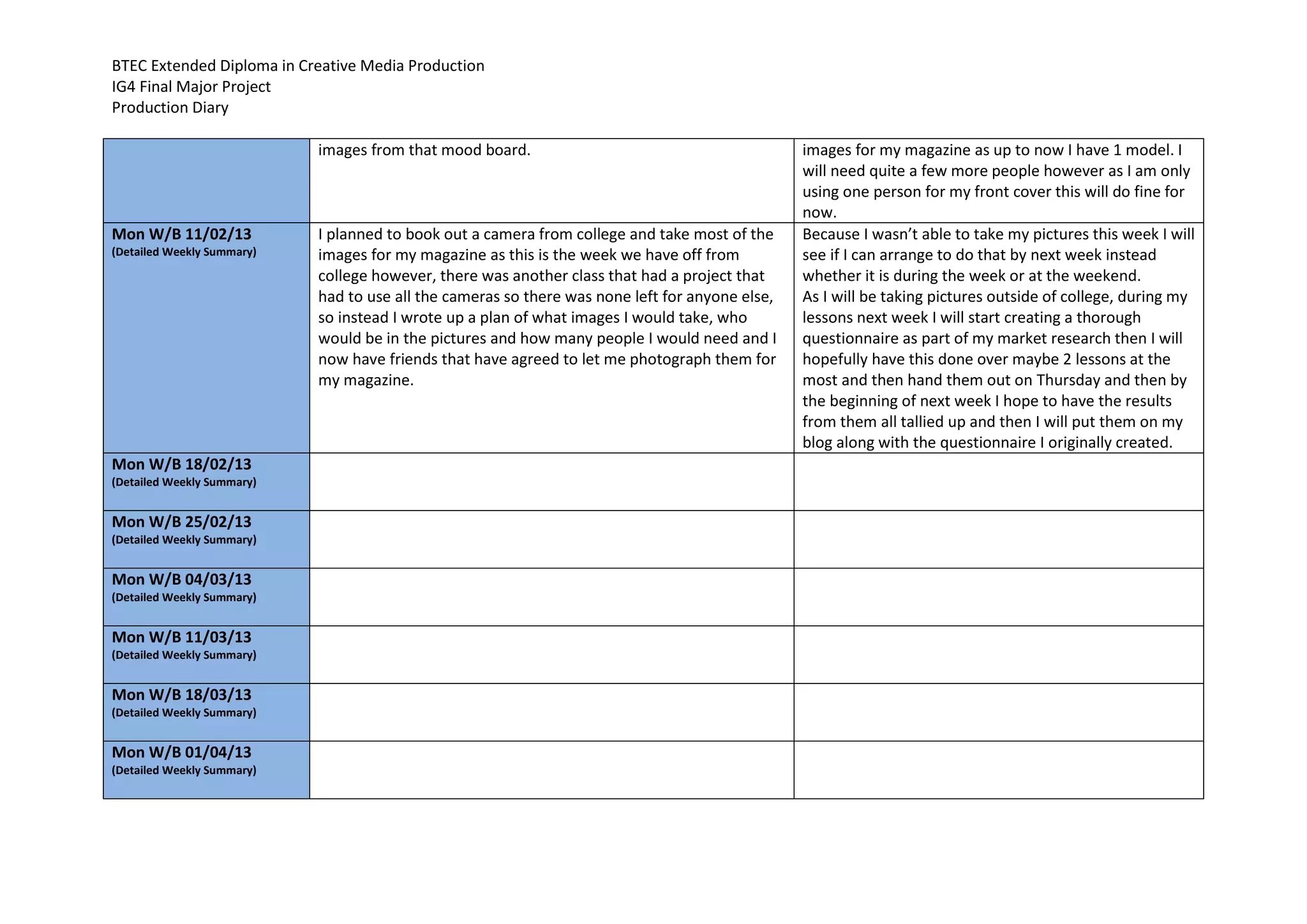 Ashleigh darlington final major project production diary wb 18.02.13