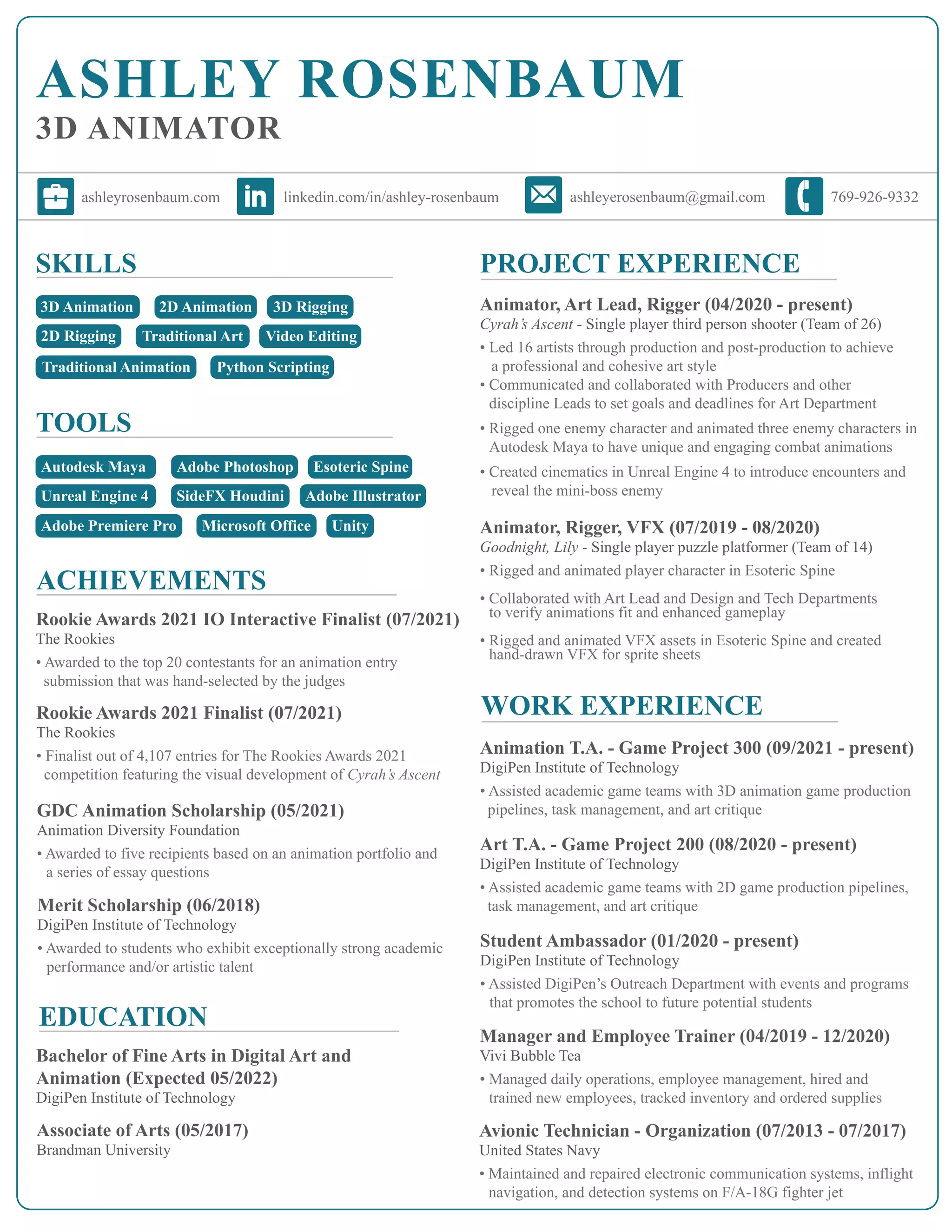Ashley Rosenbaum Resume | PDF | Computer Animation | Computer Software and Applications