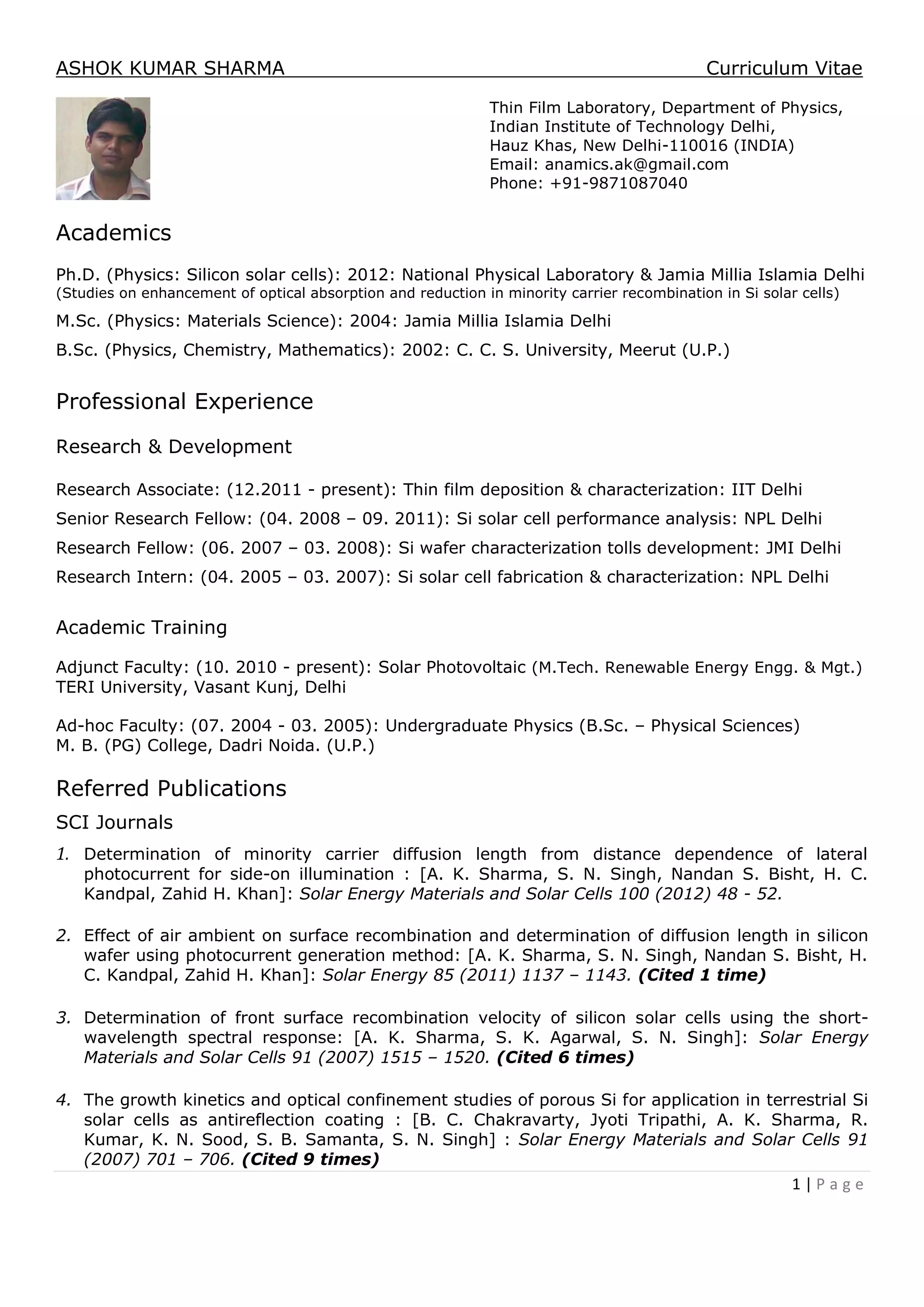 Photovoltaic R&D Ashok kumar sharma CV | PDF