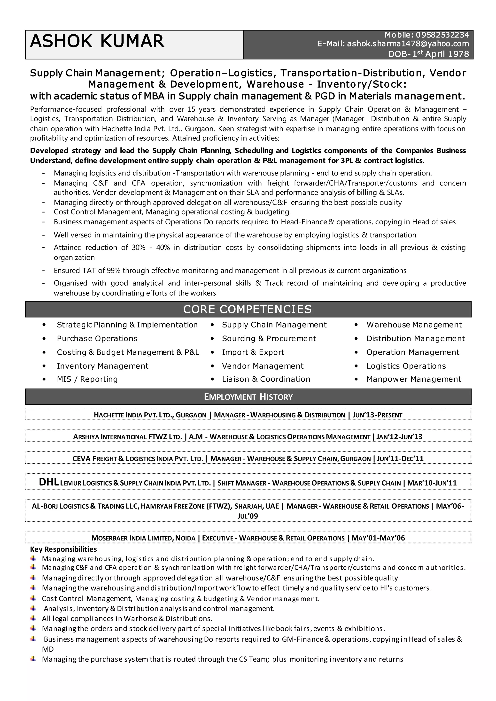 Ashok master profile supply chain management | PDF