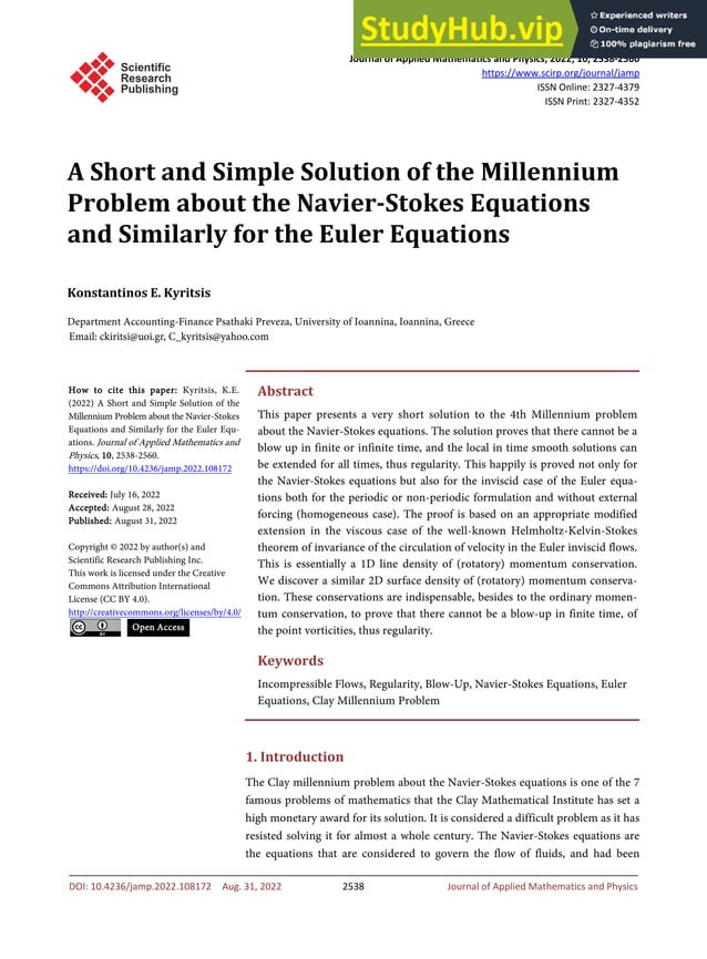 A Short And Simple Solution Of The Millennium Problem About The Navier ...